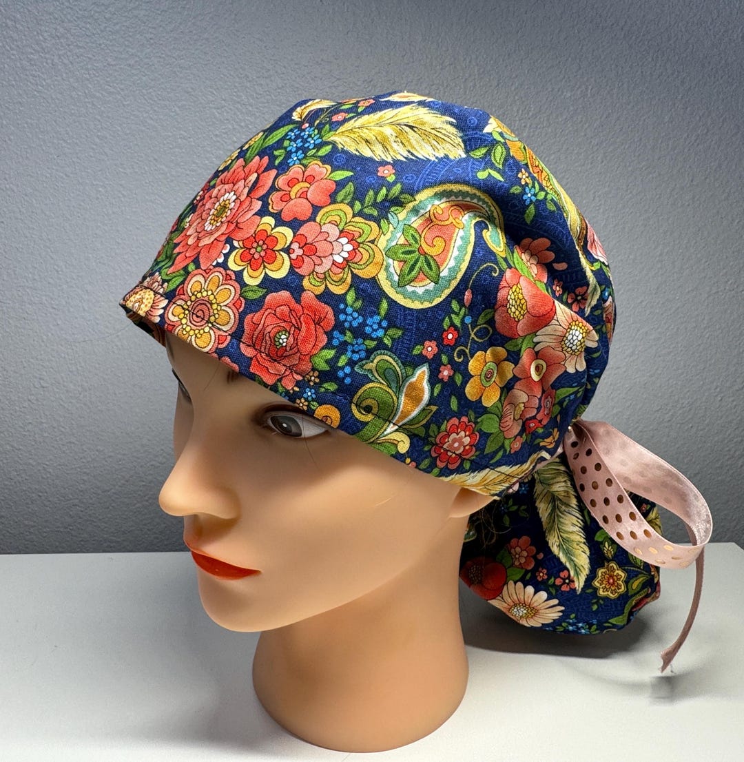 Navy Floral Medical, Surgical, Vet Tech Scrub Cap, Ponytail Scrub Cap ...