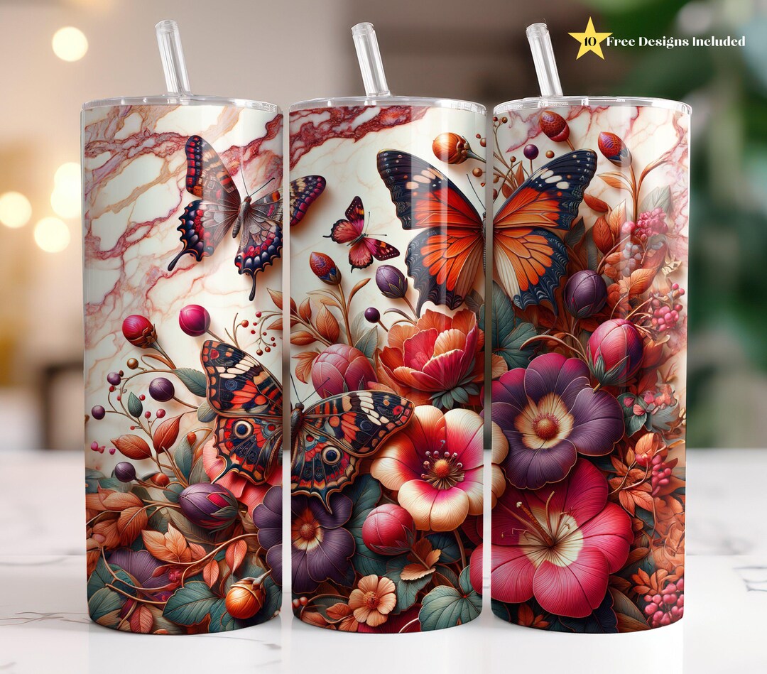 3D Butterfly Floral 20oz Sublimation Tumbler Wrap, 3d Flowers Tumbler ...