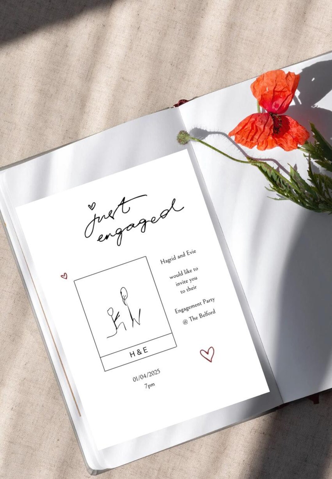 Polaroid Just Engaged Template, Digital Invite, Hand Drawn Invitation ...