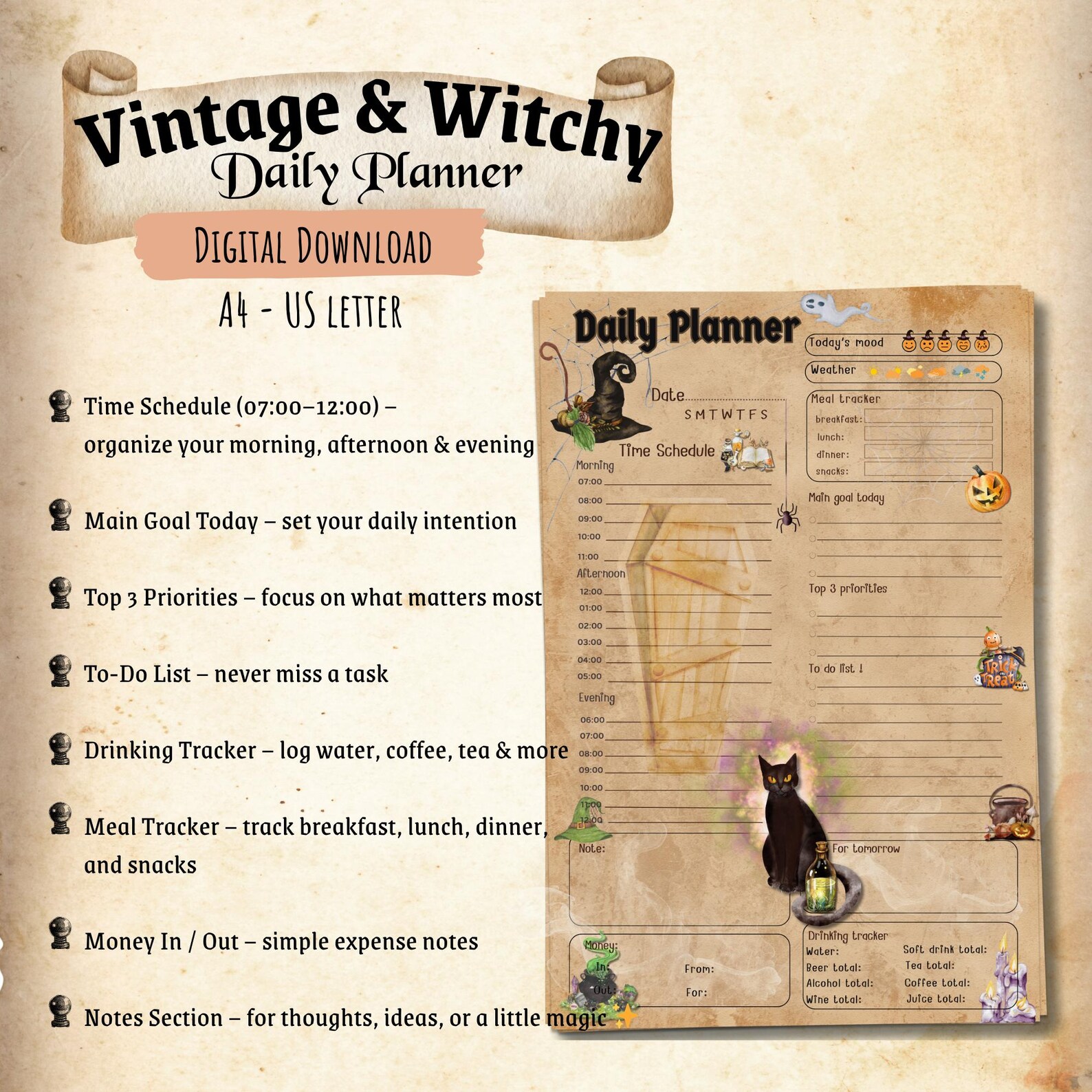 Witch Daily Planner | Vintage Gothic Printable (digital Download) - Etsy