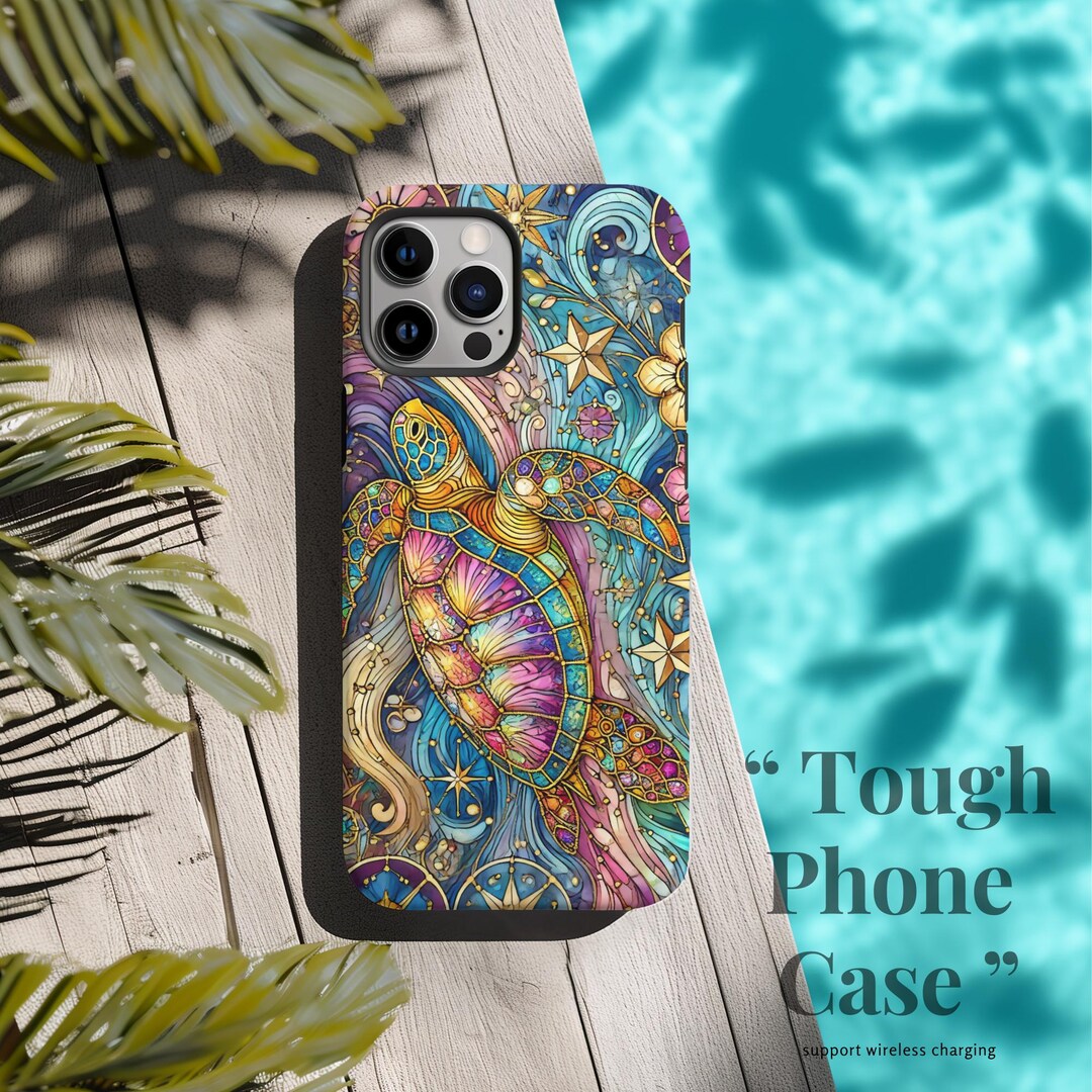 Sea Turtle Stained Glass Colorful Tough Phone Cases, Sea Turtle Print ...