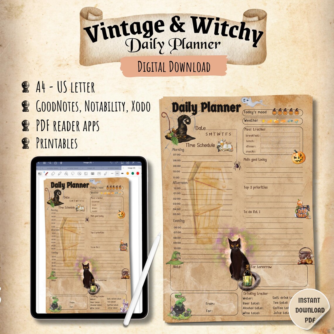 Witch Daily Planner | Vintage Gothic Printable (digital Download) - Etsy