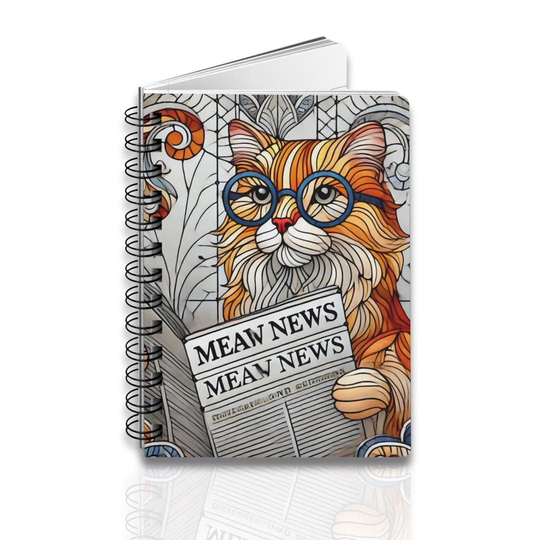 Cute Tabby Orange Cat Reading a Meaw Newspaper, Spiral Bound Journal ...