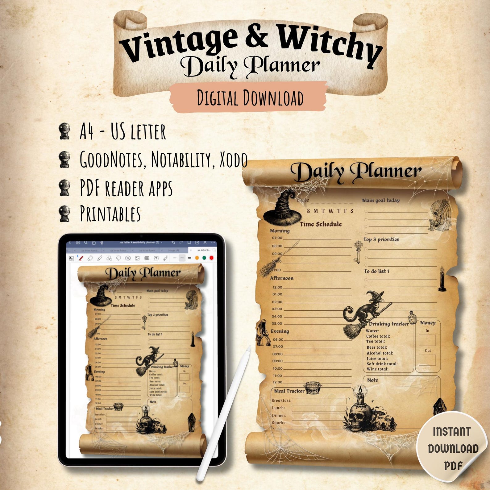 Witch Daily Planner | Vintage Gothic Printable (digital Download) - Etsy