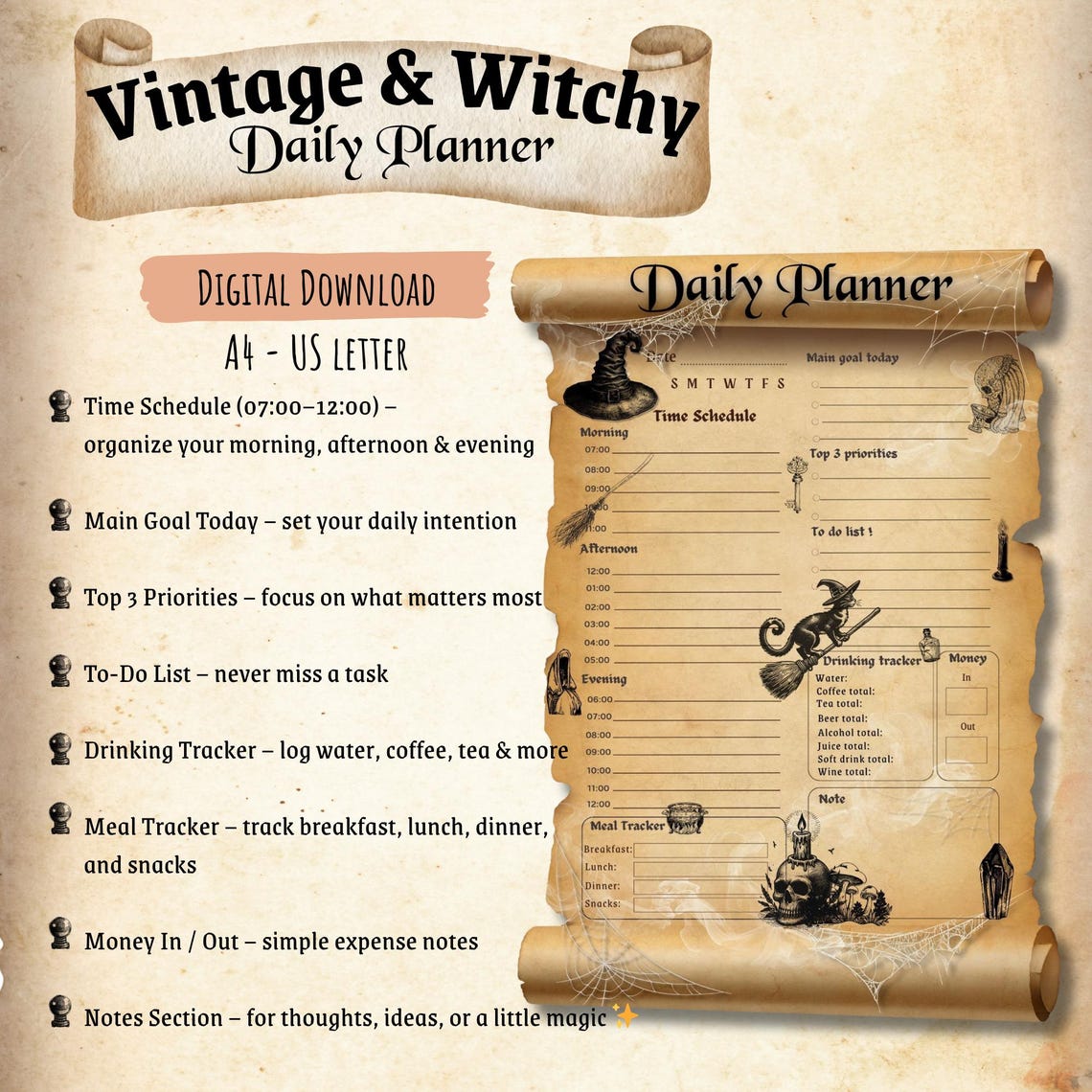 Witch Daily Planner | Vintage Gothic Printable (digital Download) - Etsy