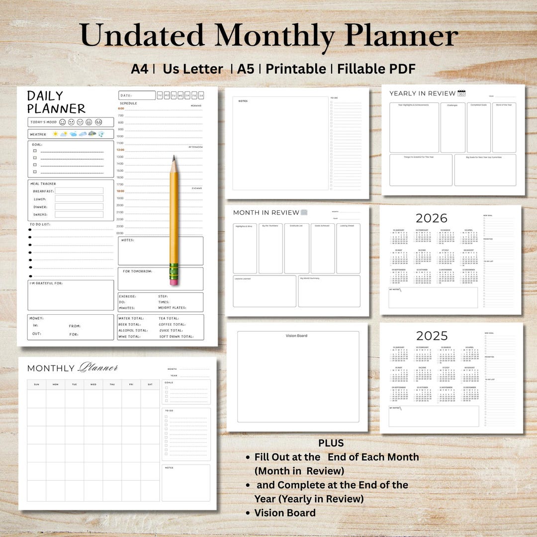 Undated Monthly Digital Planner Bundle | Daily, Yearly Review, Vision ...
