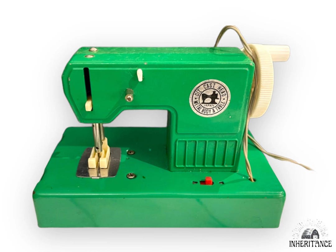 Vintage Die Cast Childrens Battery Operated Green Sewing Machine Sewing ...