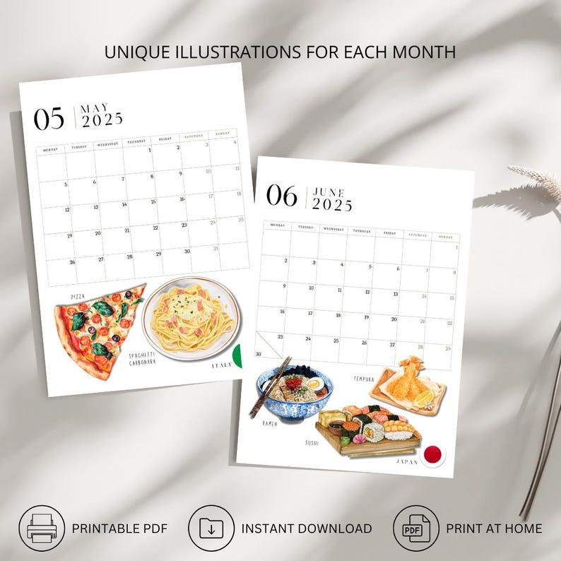 2025 Monthly Planner With Food Art | 2025 Calendar | PRINTABLE PDF | A4 ...