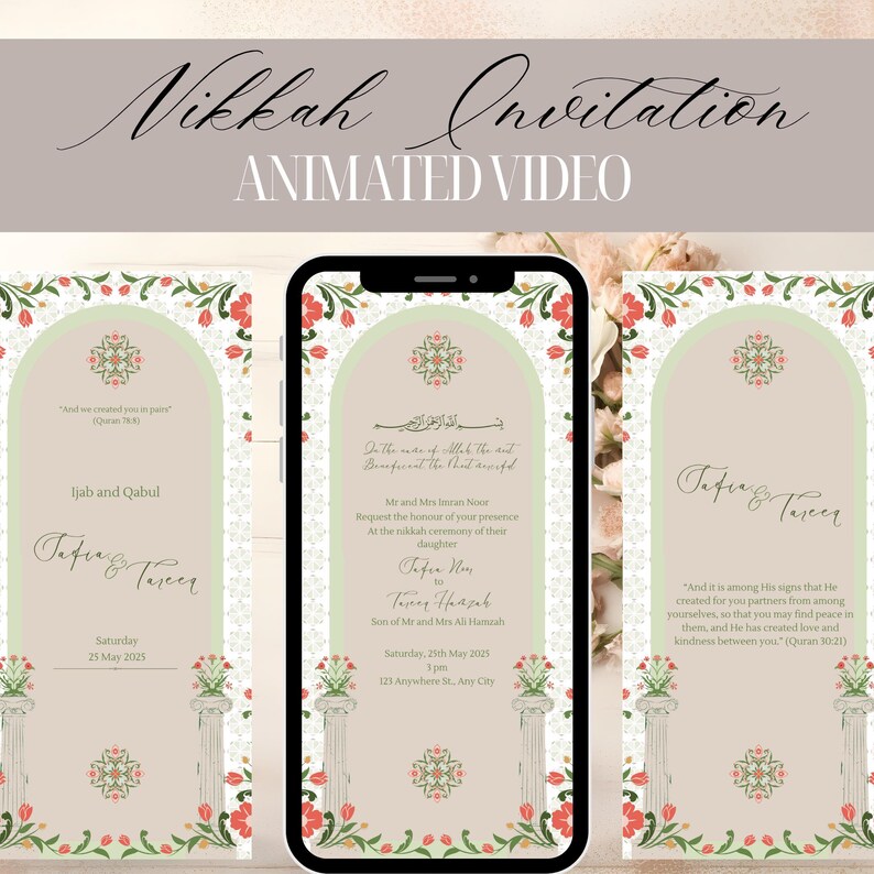 Digital Muslim Animated Video Wedding Invitation, Neutral Cream Floral ...