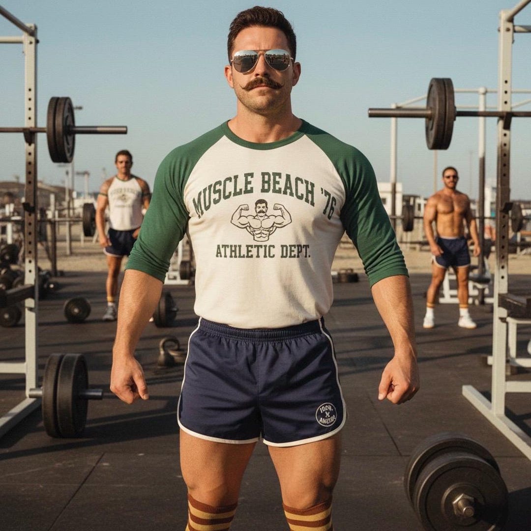 Vintage Muscle Beach 76 Bodybuilding Shirt - Retro Gym 3/4 Sleeve ...