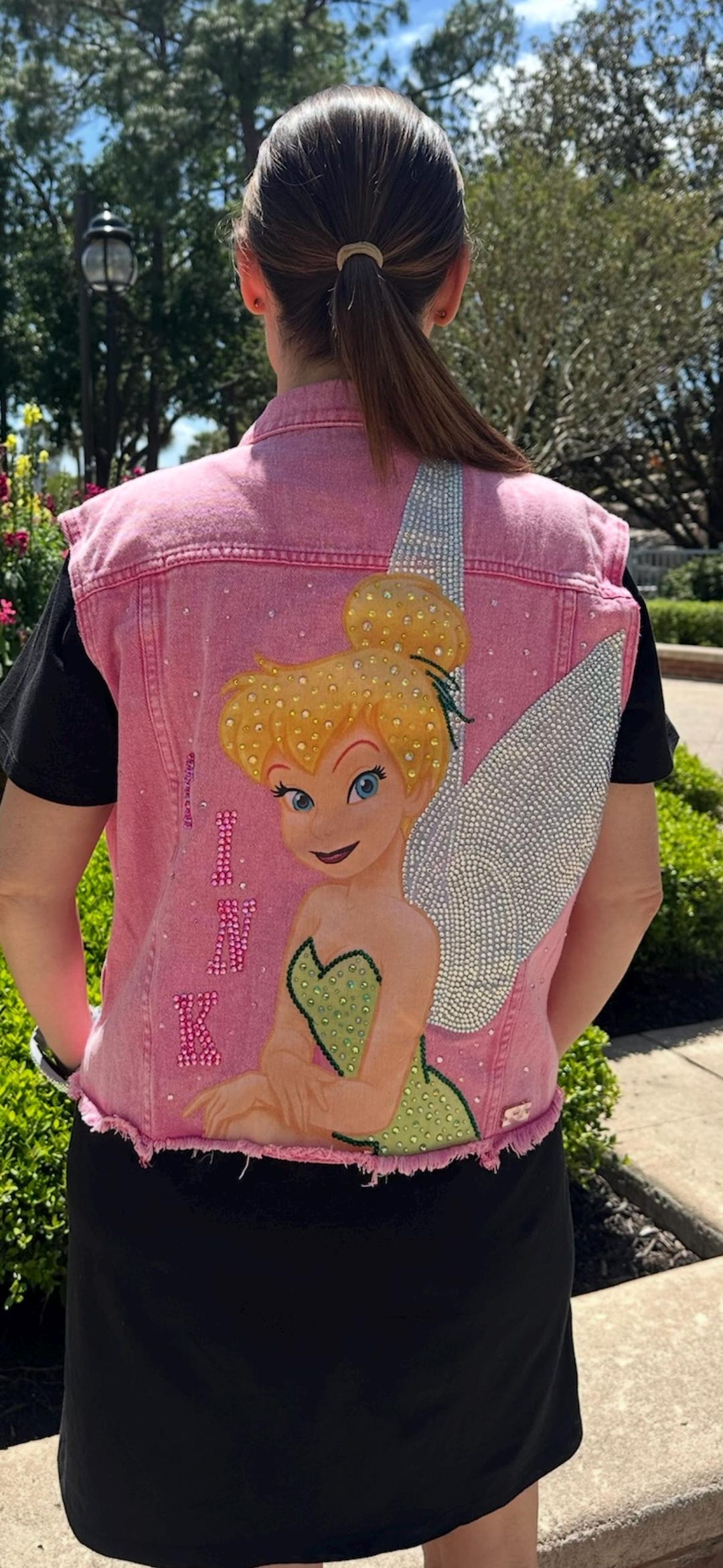 Custom Tinkerbell Inspired Rhinestone Bling Denim Vest Pink Women's Sz ...