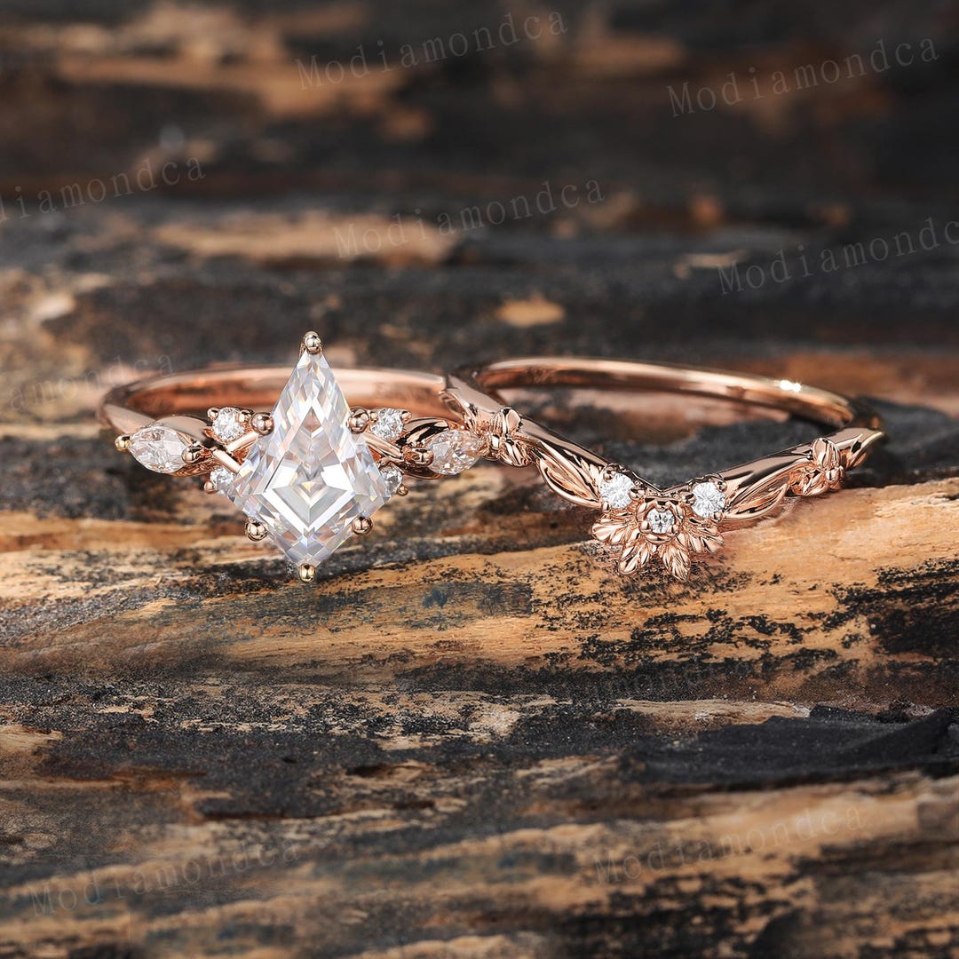 Vintage Kite Moissanite Engagement Ring Set Unique Rose Gold Diamond ...