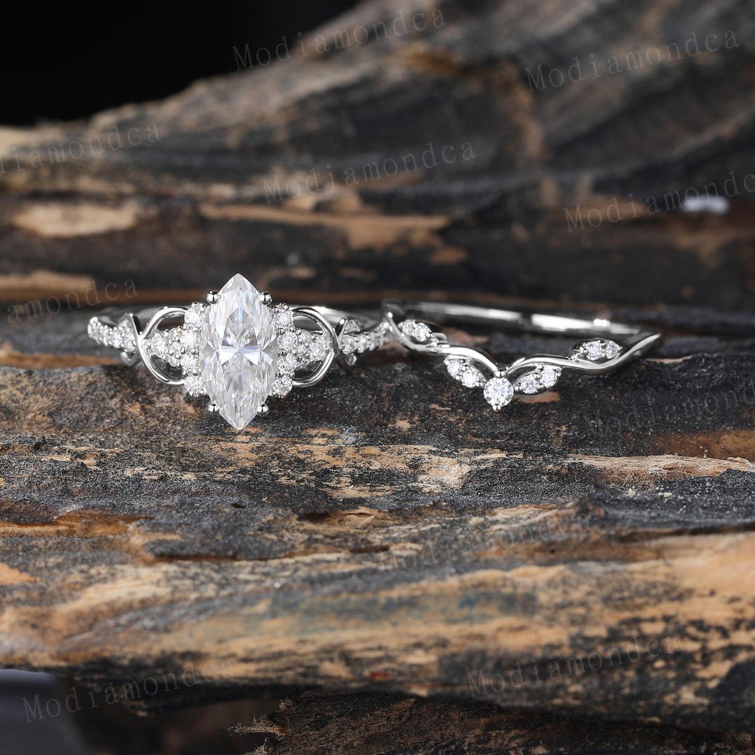 Marquise Cut Moissanite Engagement Ring Set Vintage White Gold Bridal ...