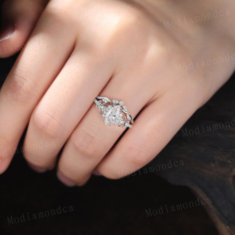 Marquise Cut Moissanite Engagement Ring Set Vintage White Gold Bridal ...
