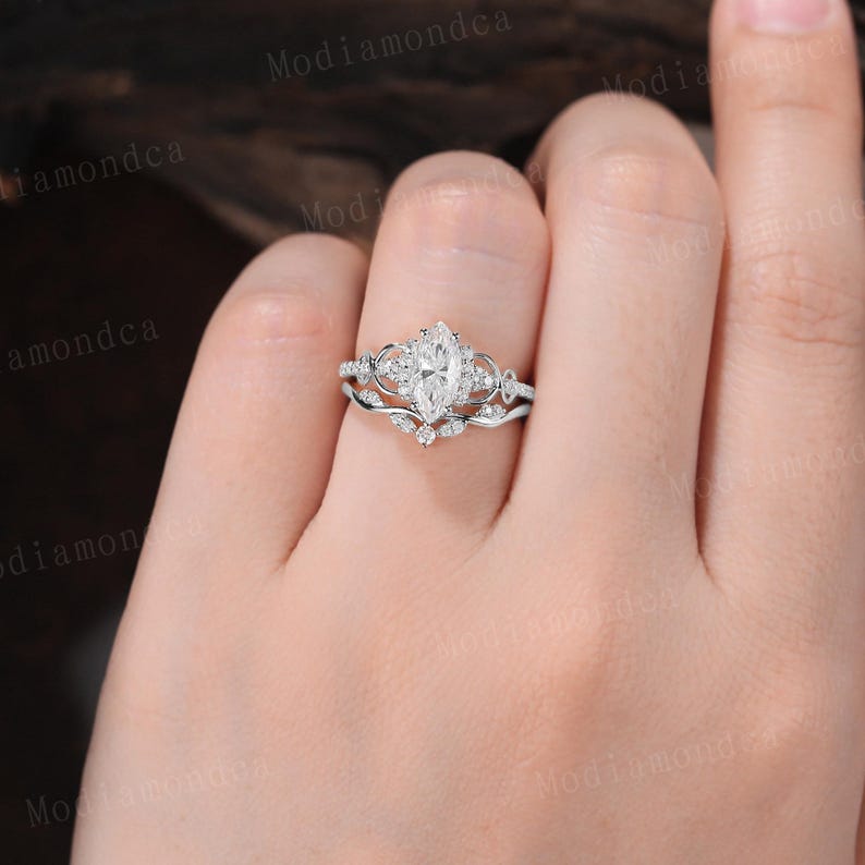 Marquise Cut Moissanite Engagement Ring Set Vintage White Gold Bridal ...