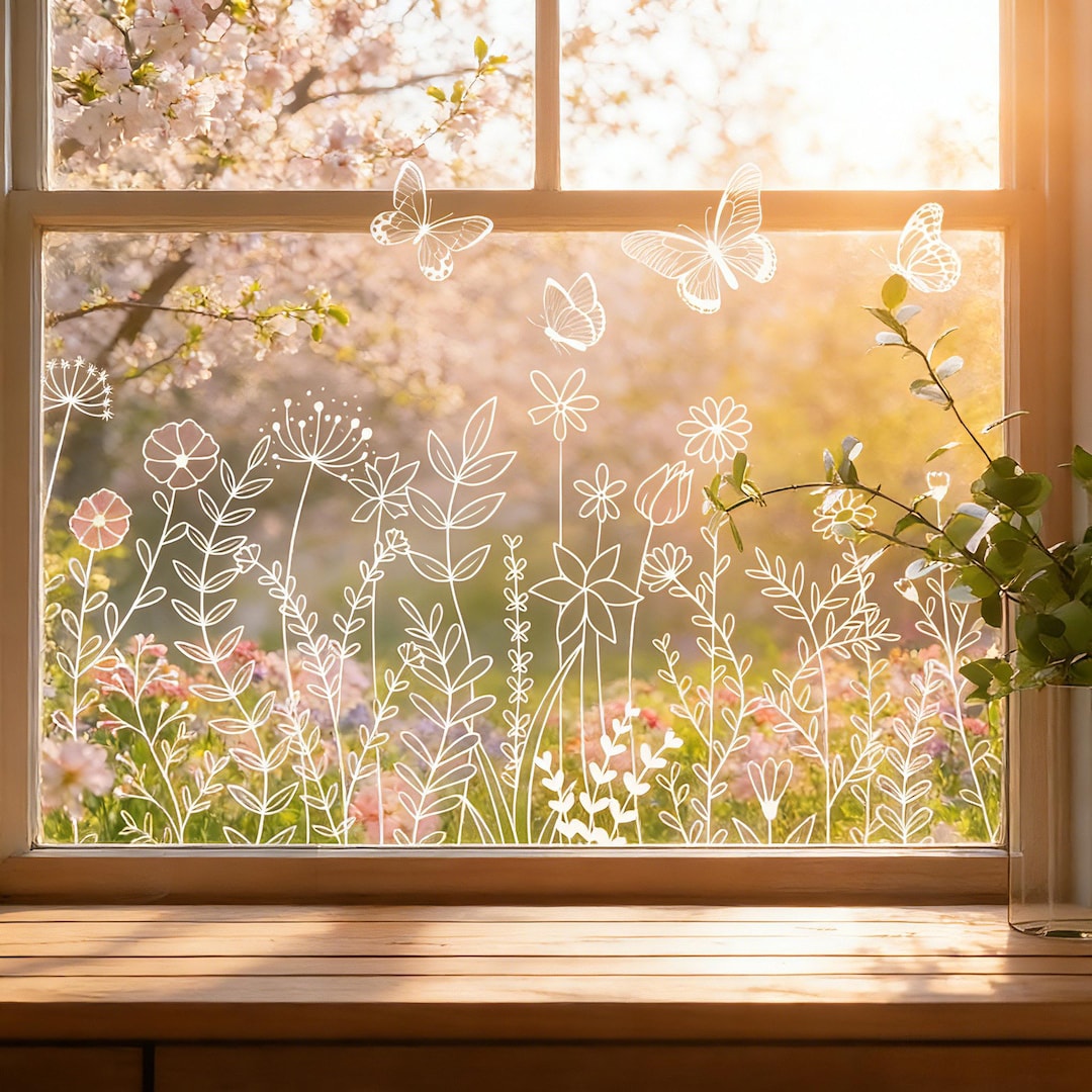 Wildflower Window Clings, Butterfly Window Decal, Floral Glass Sticker ...