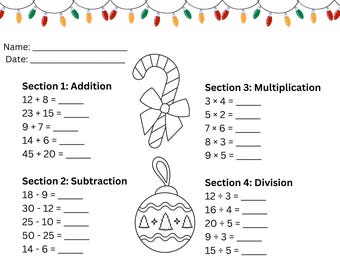 Christmas Math Worksheet! Addition Subtraction Division Multiplication ...