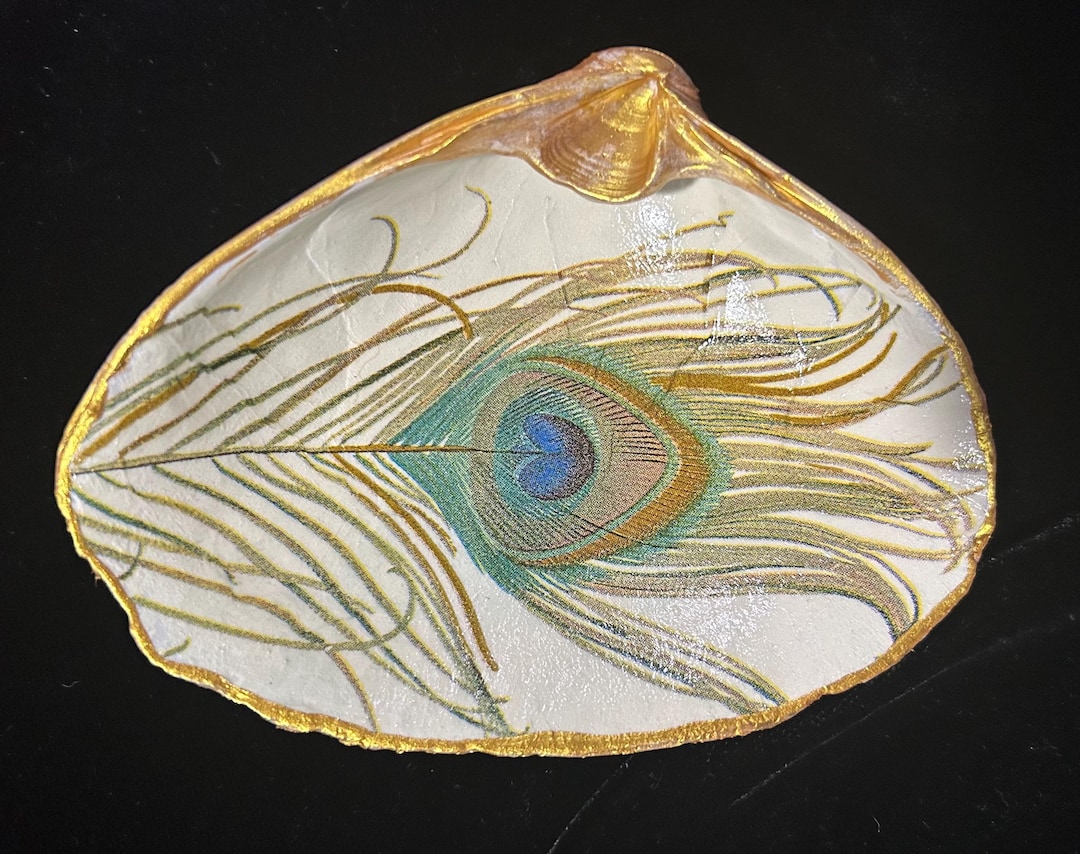 Peacock Feather; Large Clam Shell Ring Dish; Jewlery Dish; Decoupaged ...