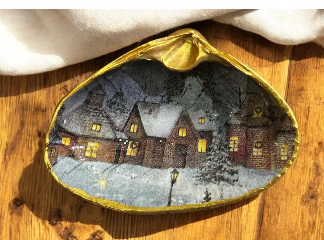 Cold Winter’s Night;large Clam Shell Ring Dish;jewlery Dish;decoupaged ...