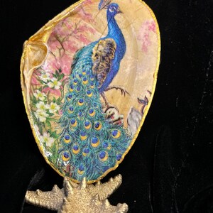 Peacock; Large Clam Shell Ring Dish;jewlery Dish; Decoupaged Clam Shell ...
