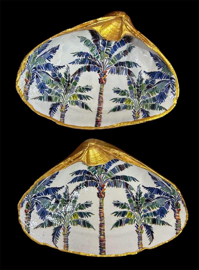 Large Hand-decoupaged Clam Shell Dish With Palm Tree Motif - Etsy
