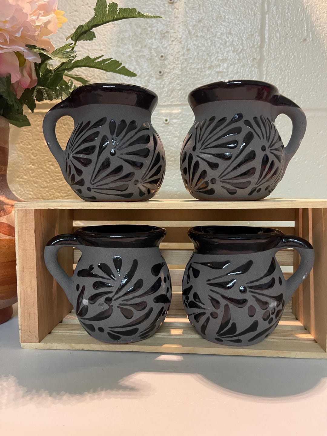 Mexican Black-black Talavera 4pc Jarritos. Black Plumeado Jarritos ...