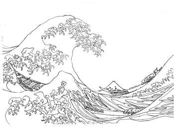 Hokusai "great Wave" Colorable as a Line Art Drawing - Print It, Frame ...