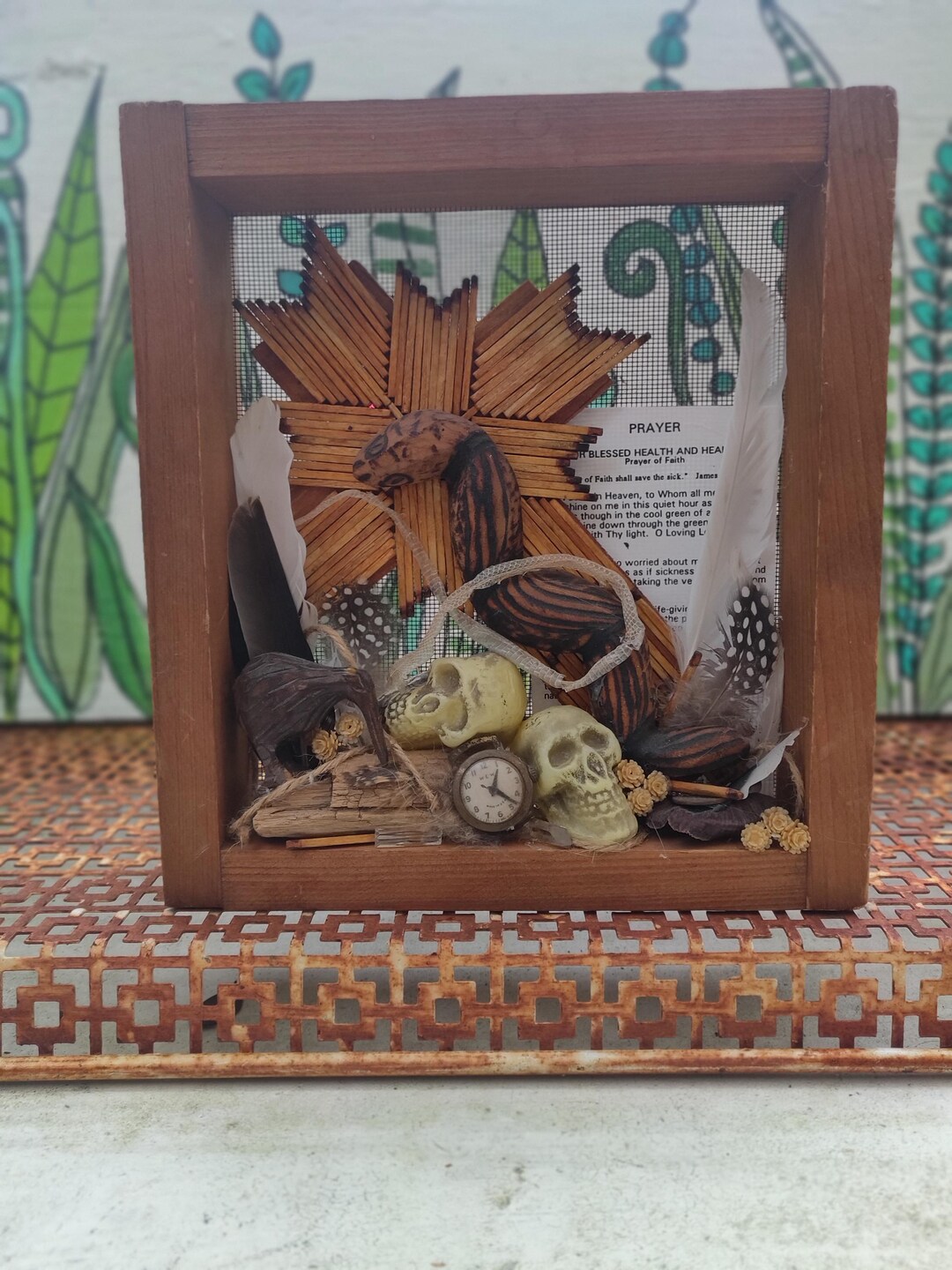 9 X 9 Assemblage Art With Mix of Vintage Items Including Folk Art Match ...