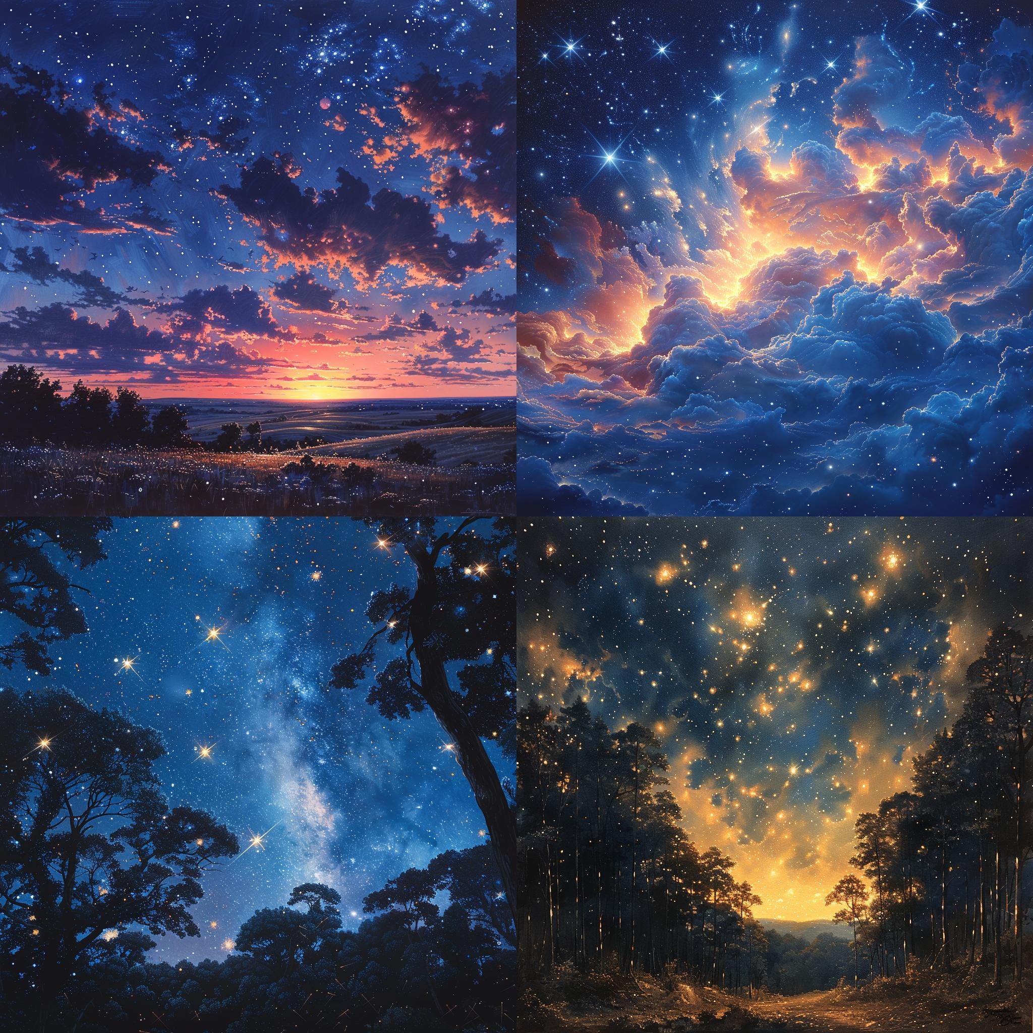 24 Starry Night Sky With Trees Reflection, Celestial Galaxy Art, Cosmic ...