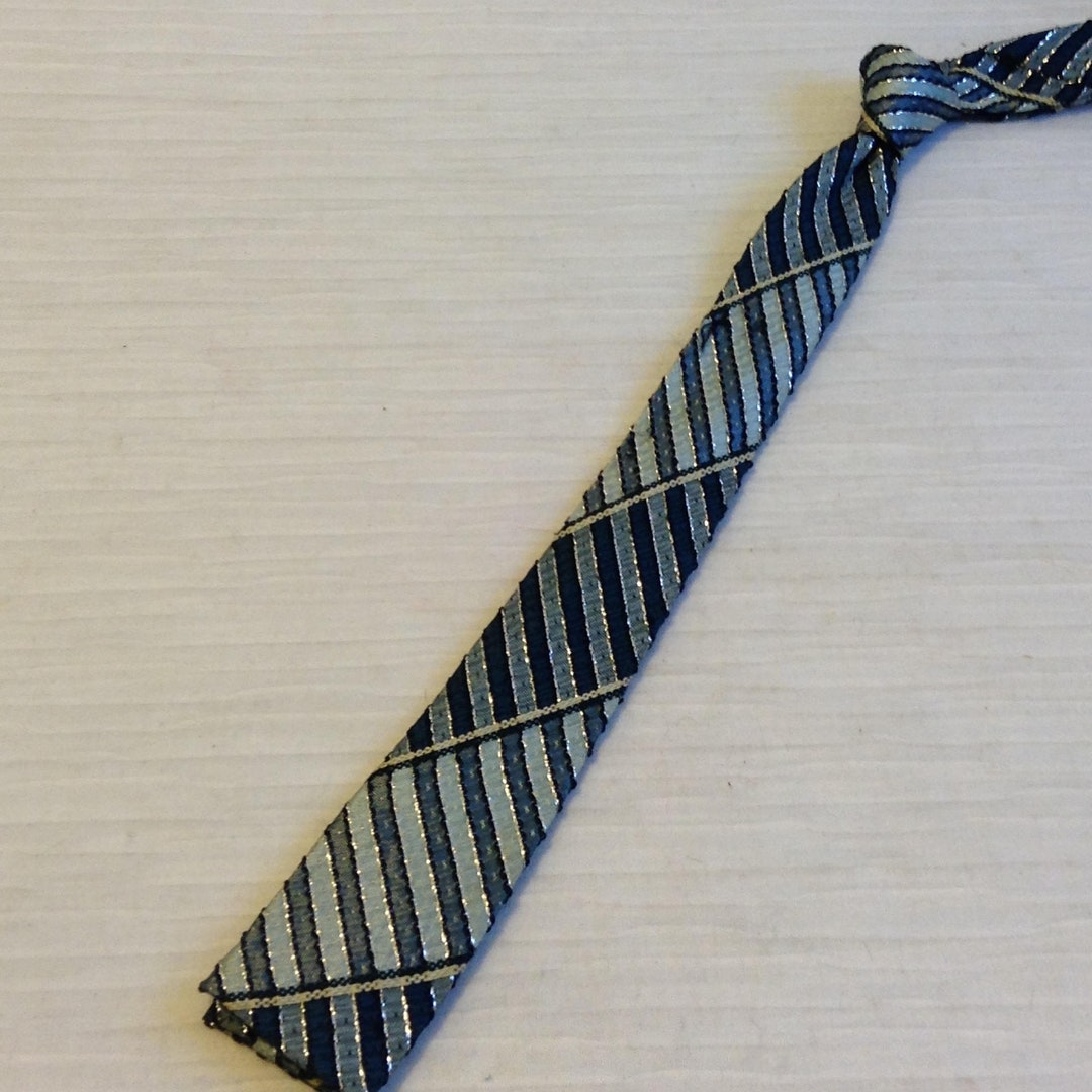 60's Vintage SKINNY Tie. Square Edge. Blue and Metallic Silver on Gray ...
