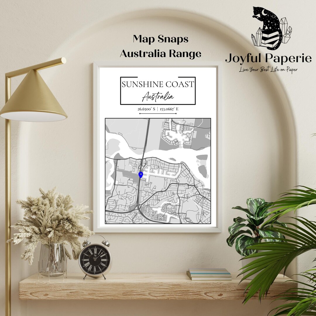 Sunshine Coast Map Poster, Black & White Monochrome Art, Coordinates ...