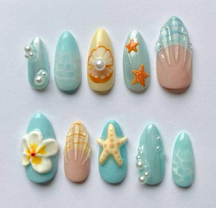 Tropical Beach Press-on Nails | Seashell Nail Designs | 3D Flowers ...