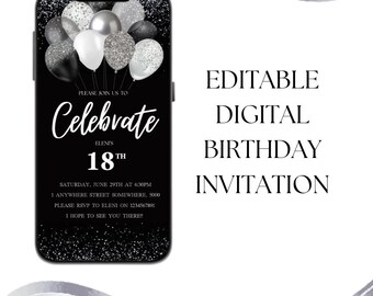 Editable 18th Birthday Invitation Template Silver and Black Invitation ...