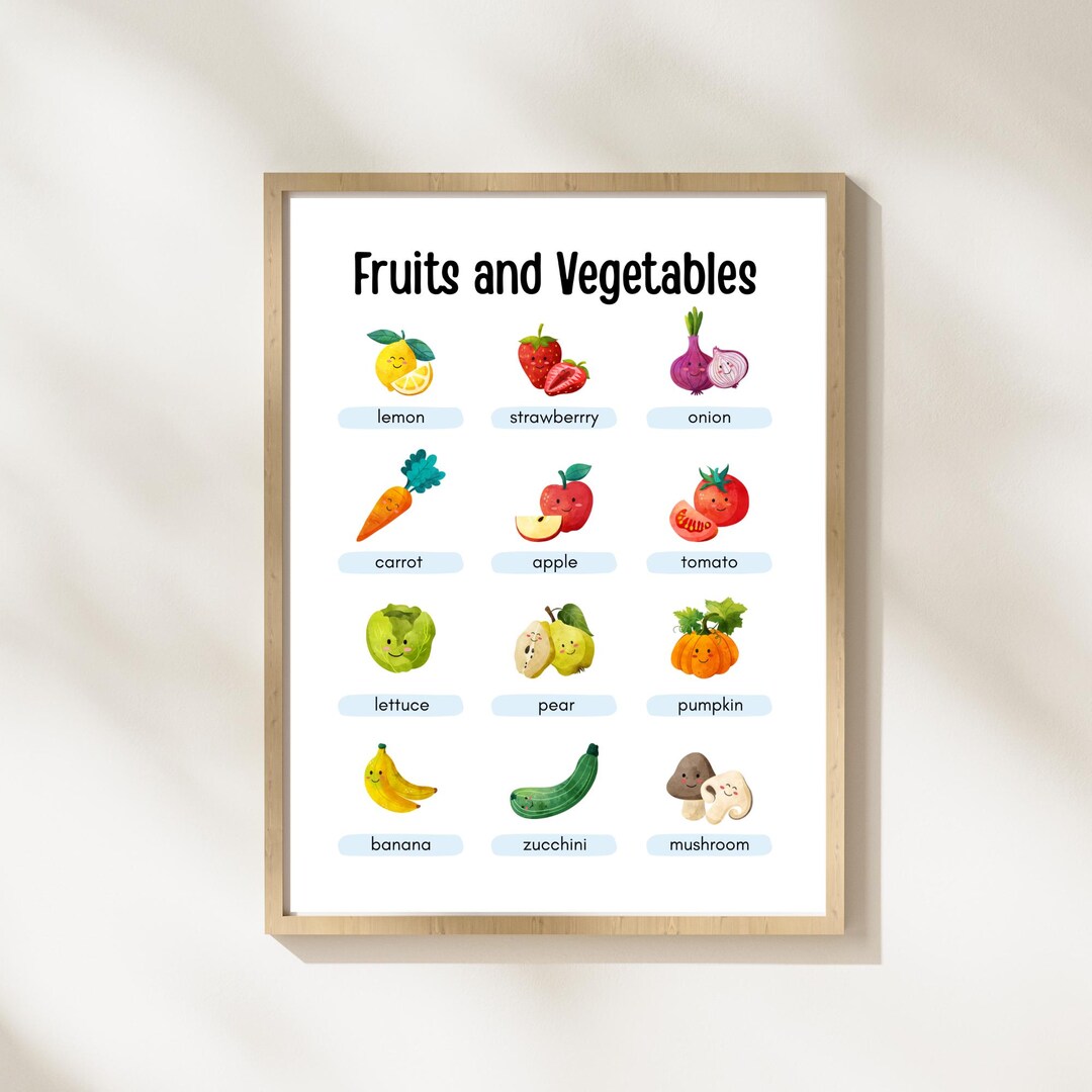 Fruit and Vegetable Learning Chart Kids Classroom Homeschool Wall Art ...