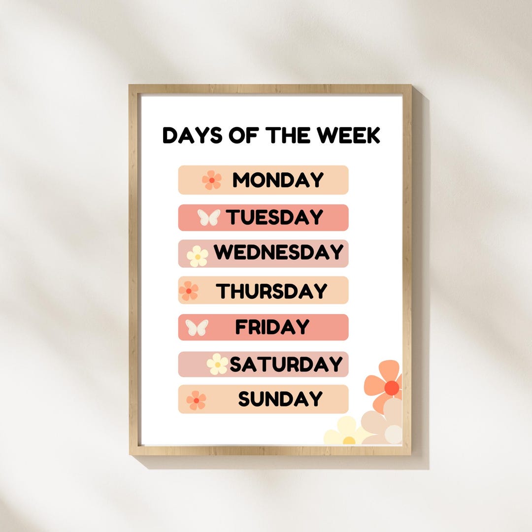 Days of the Week Learning Chart for Kids Preschool Kindergarten Poster ...