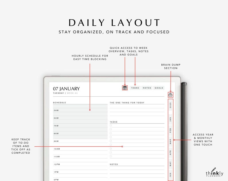 Remarkable Paper Pro Daily Planner 2025, Digital Template, Remarkable ...