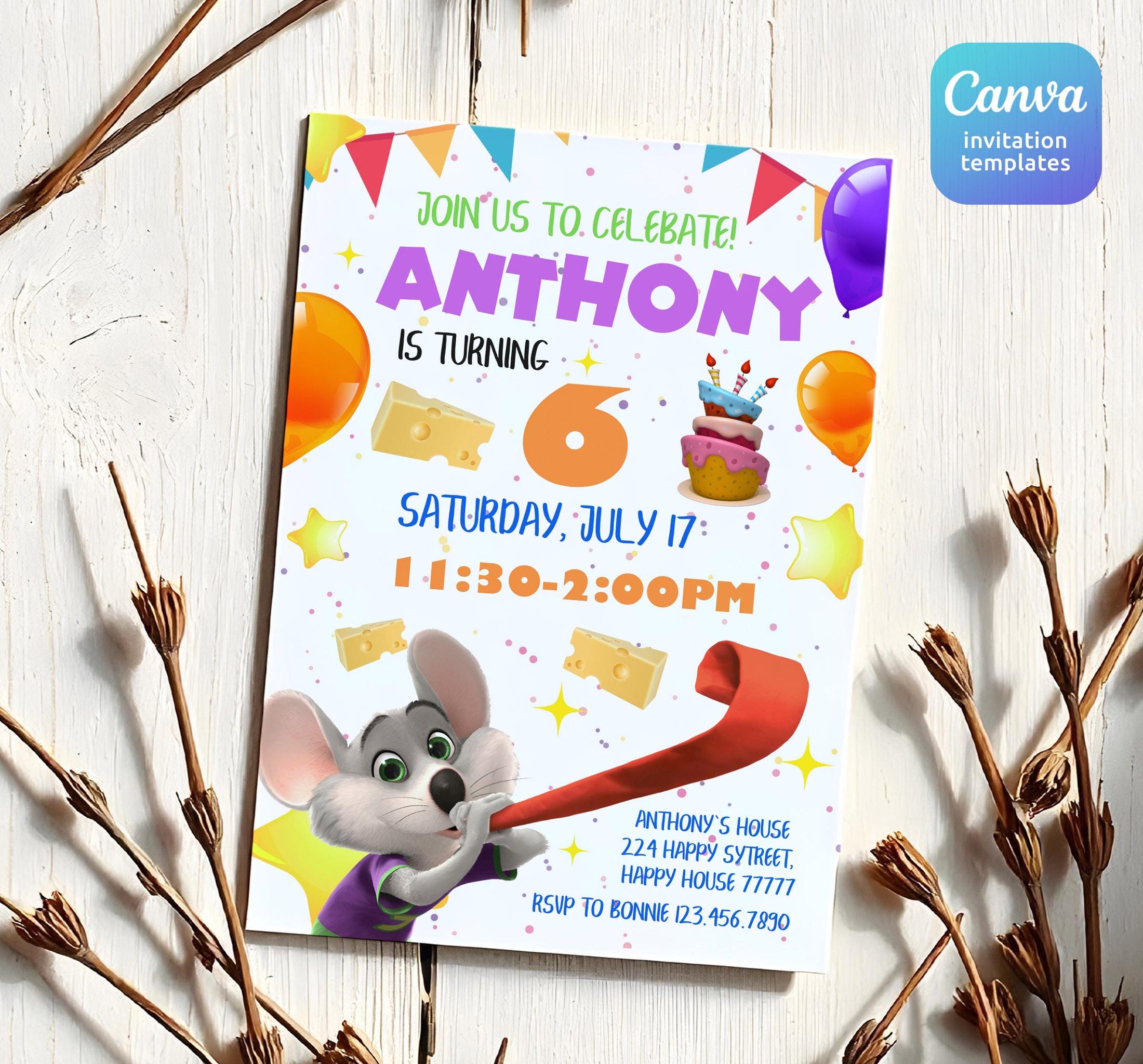 Chuck-e-cheese Editable Invitation, Printable Birthday Invite, Mouse ...