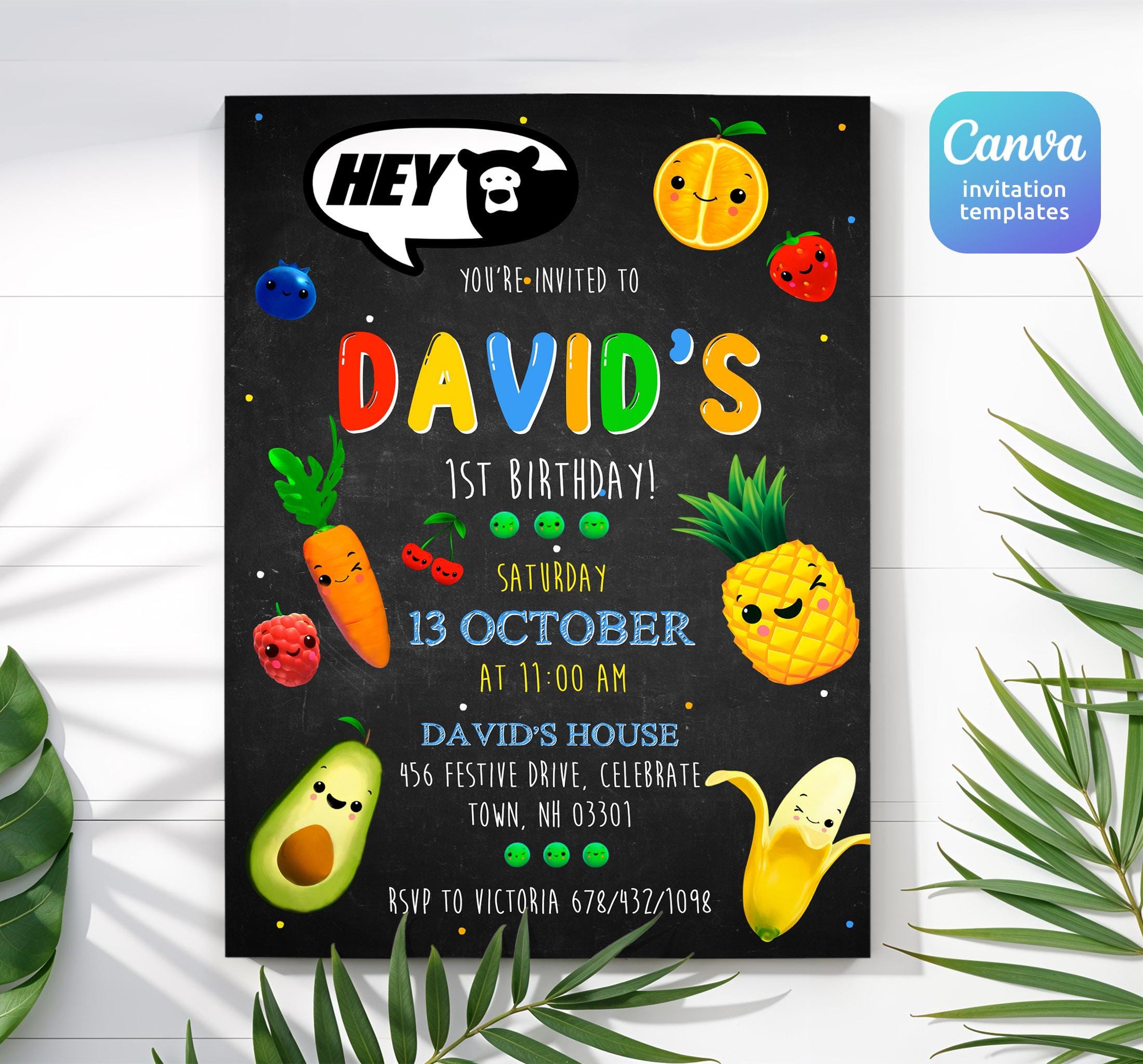 Dancing Fruits Birthday Invitation, Printable Hey Invite, Kawaii Party ...