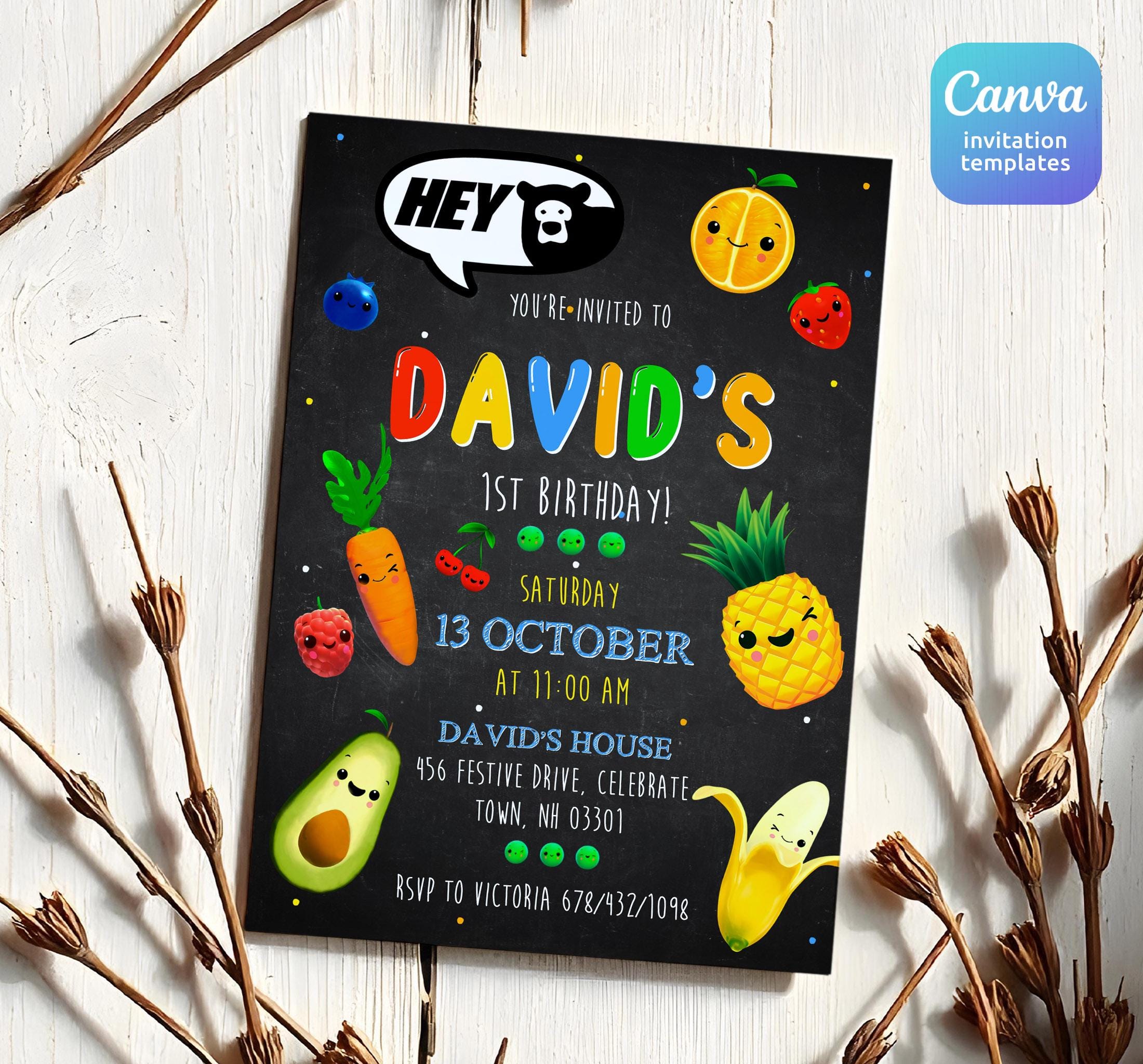 Dancing Fruits Birthday Invitation, Printable Hey Invite, Kawaii Party ...