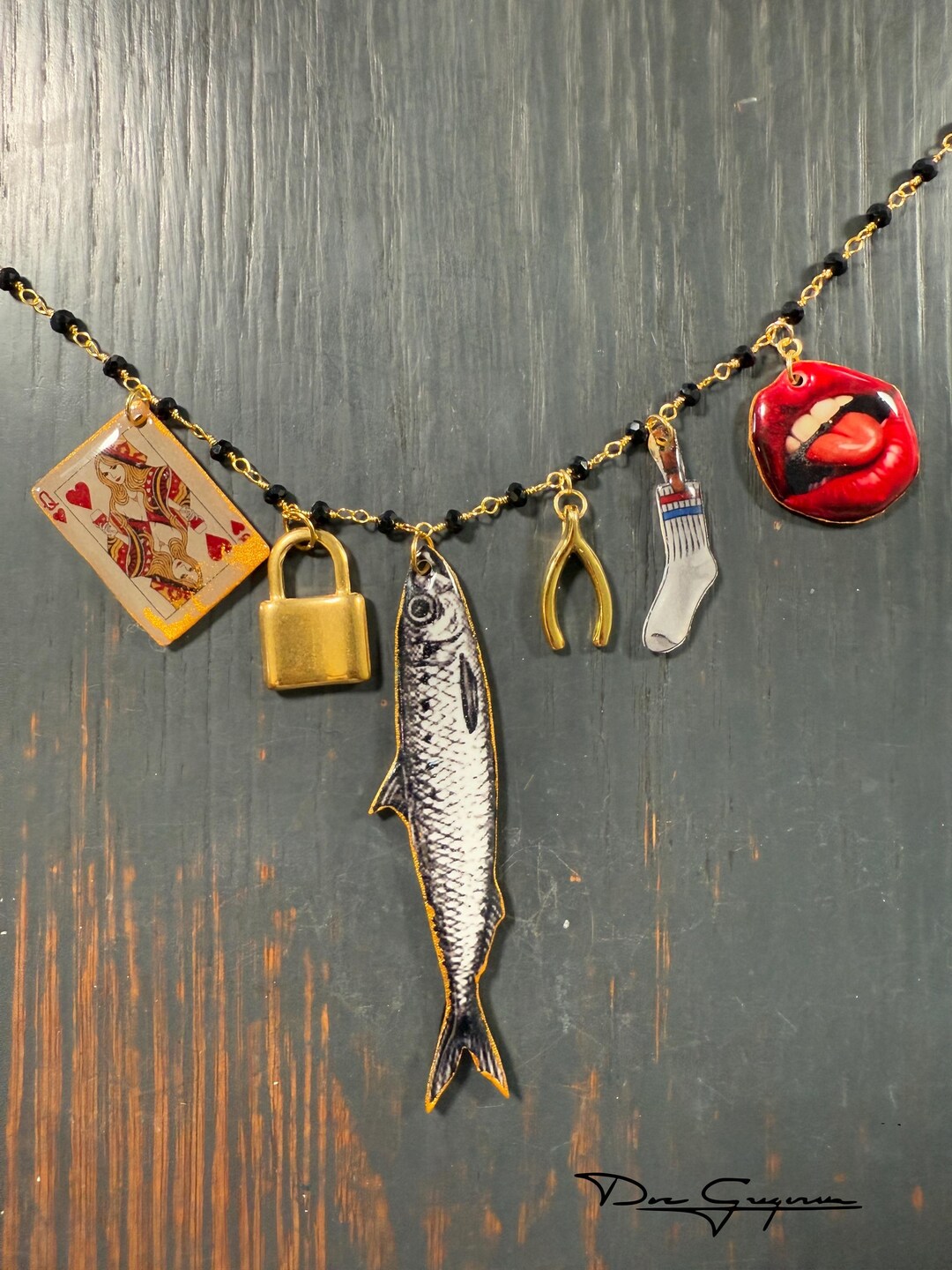 Surrealist Charm Necklace, Black Spinel Hydro Chain With Sardine Queen ...