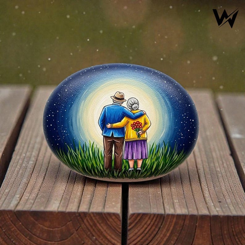 Hand Painted Couple Rock Art, Elderly Love Pebble Painting, Romantic ...