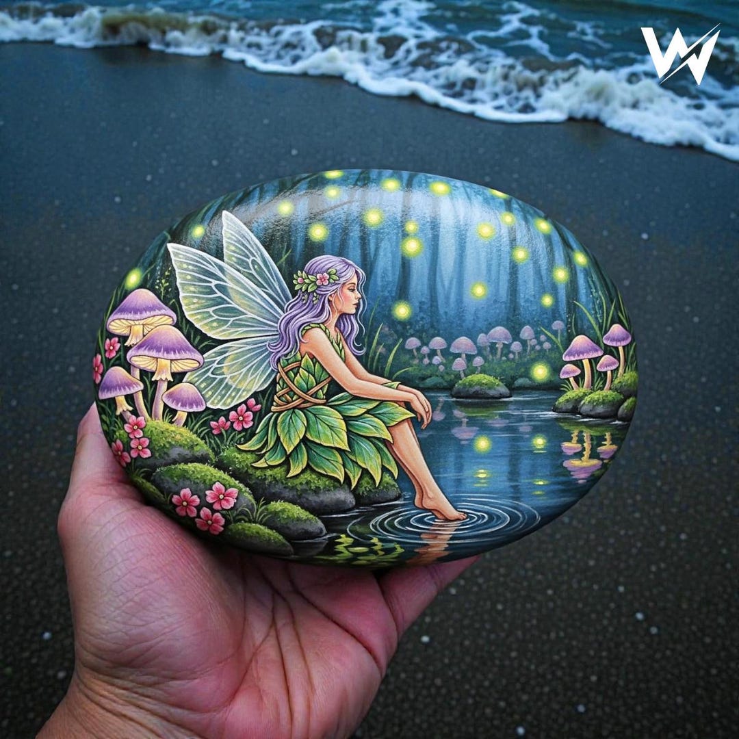 Hand Painted Fairy Pebble Art, Magical Forest Stone With Fireflies ...
