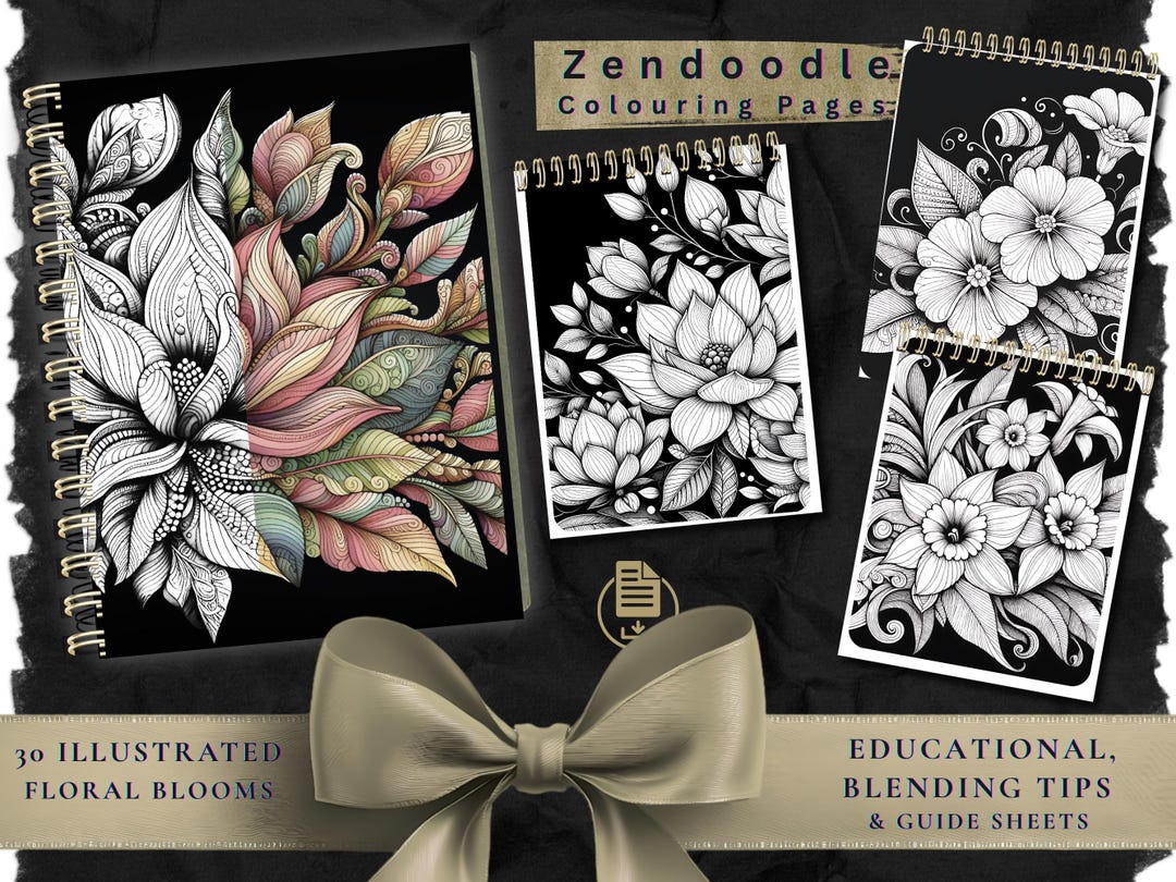 10 Printable Zendoodle Blooms on Black Coloring Pages | Art Set With ...