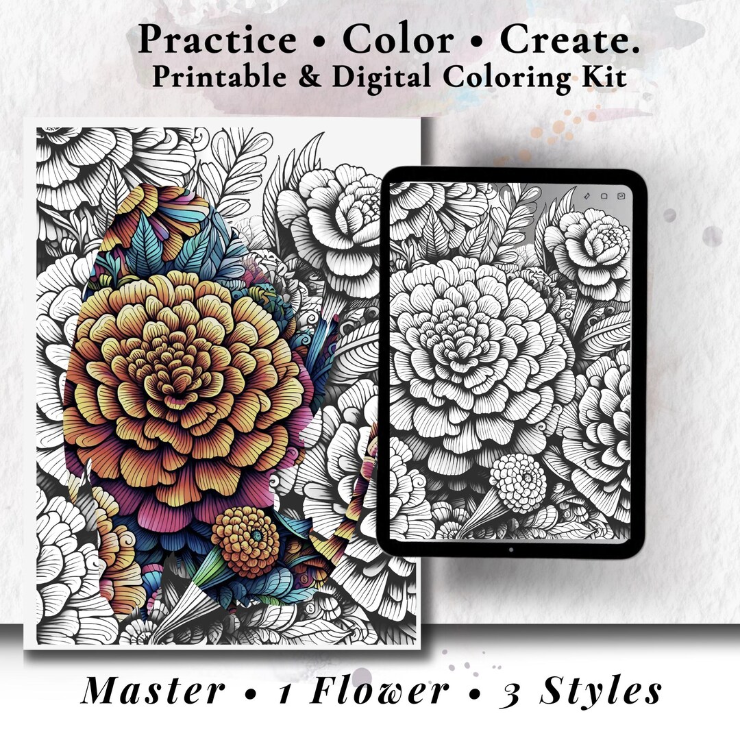 Marigold Botanical Colouring Page | Printable Floral Adult Coloring ...