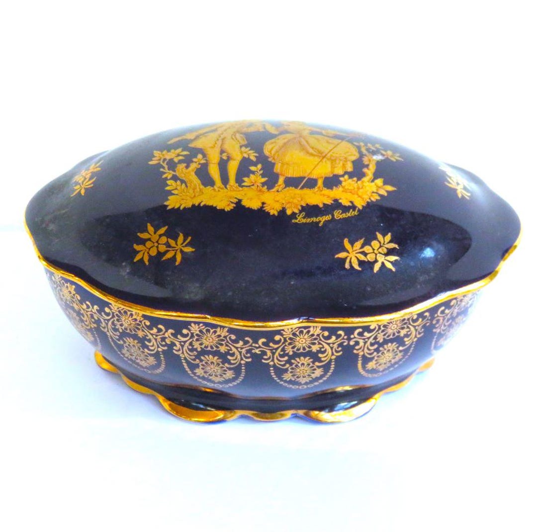 LIMOGES OVAL TRINKET Box,french Vintage Fine Porcelain,courting Couples,cobalt Blue and 22k Gold ...