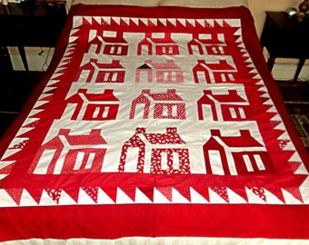 Hand Quilted School House Quilt, Vintage Red and White, Farmhouse Cabin ...