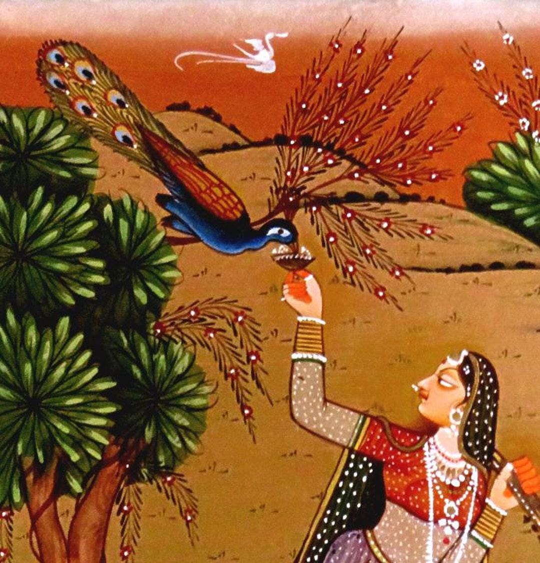 FRAMED INDIA MINIATURE Painting,woman Feeding a Peacock, Chitra Art ...