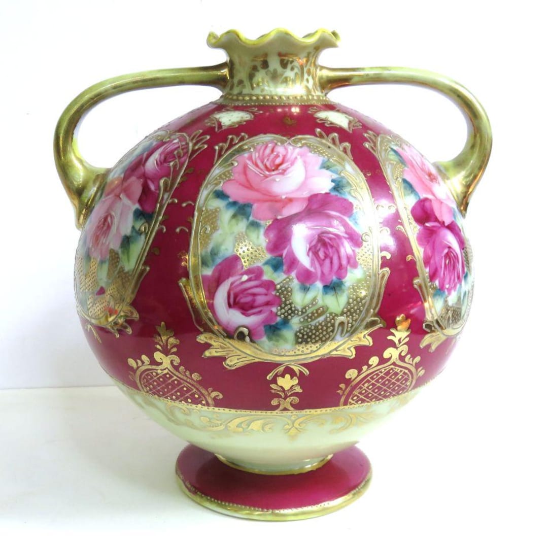 Big ANTIQUE MORIAGE VASE 9"high,nippon,1890's,pink Roses,gold Details ...