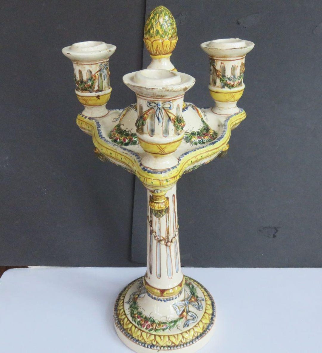 14" CANDELABRA Italy, One Big 3-CANDLE Holder,ceramic,hand Painted Set ...