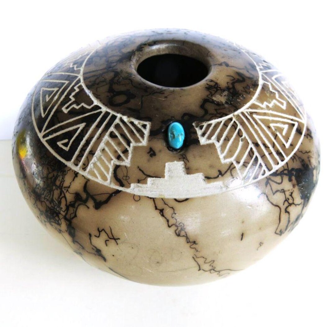 NAVAJO DINE Horsehair Pottery,incised Pot With Turquoise Gemstone ...